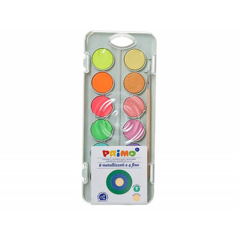 ACUARELA PRIMO 8 COLORES METAL + 4 COLORES NEON CON PINCEL Y PALETA ...